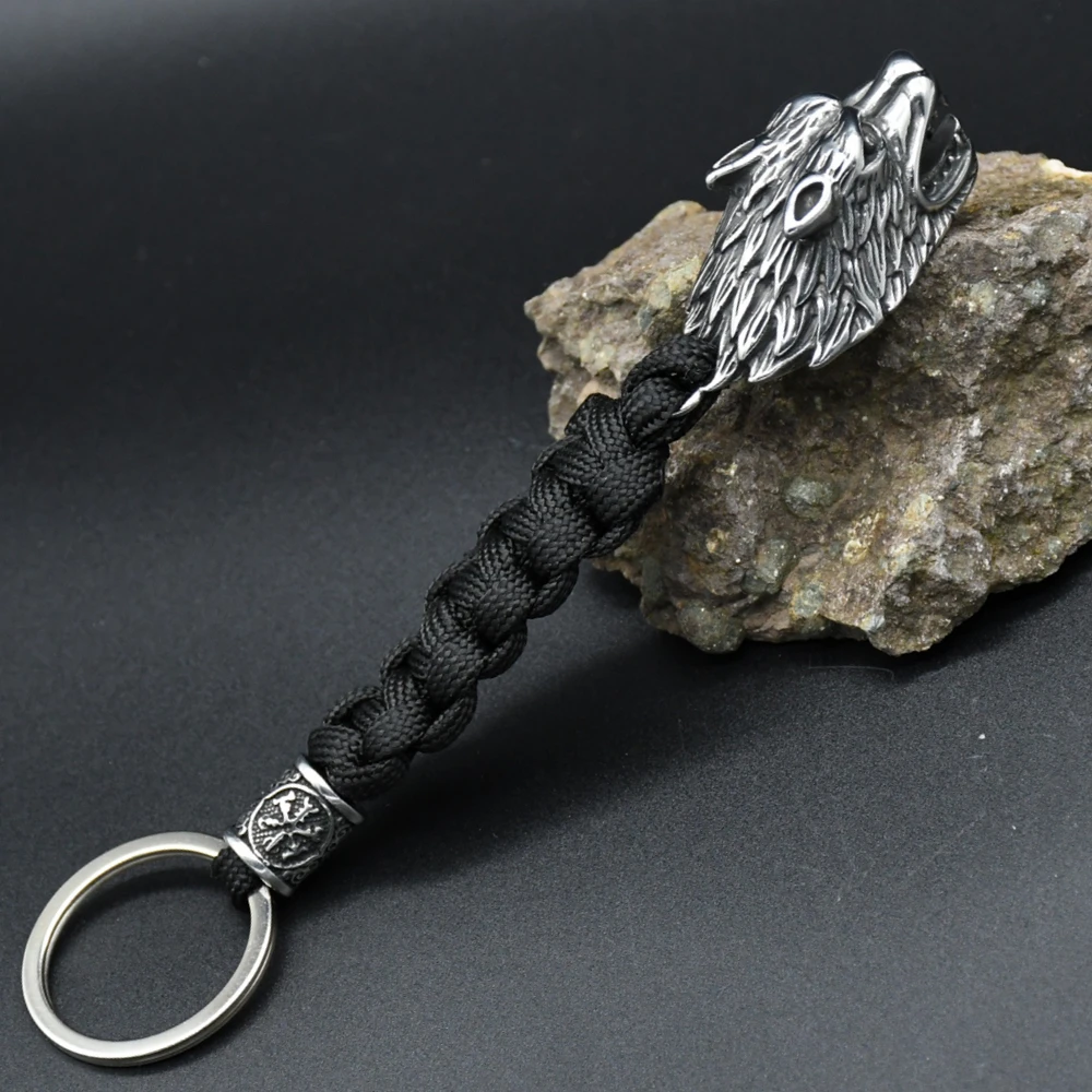 Viking-Wolf-Head-Survival-Rope-Keychain-Men-s-Stainless-Steel-Pendant ...