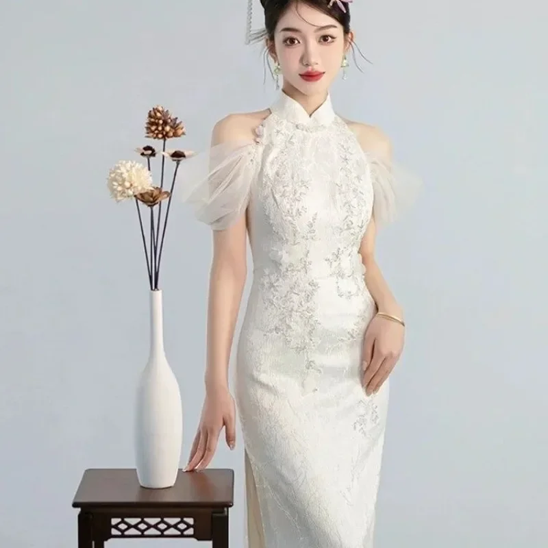 Traditional Chinese White Stand Collar Lace High Slit Cheongsam Dress ...