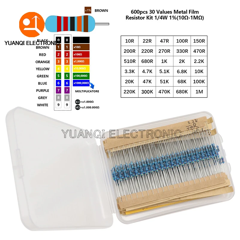 600pcs-1-4W-Metal-Film-Resistor-Kit-30ValuesX20pcs-10R-1M-ohm-Resistance-Set-DIY-Pack ...