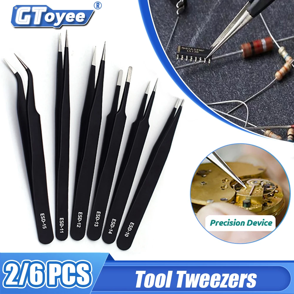 2-6PCS-Anti-Static-Stainless-Steel-Tweezers-Precision-Maintenance ...