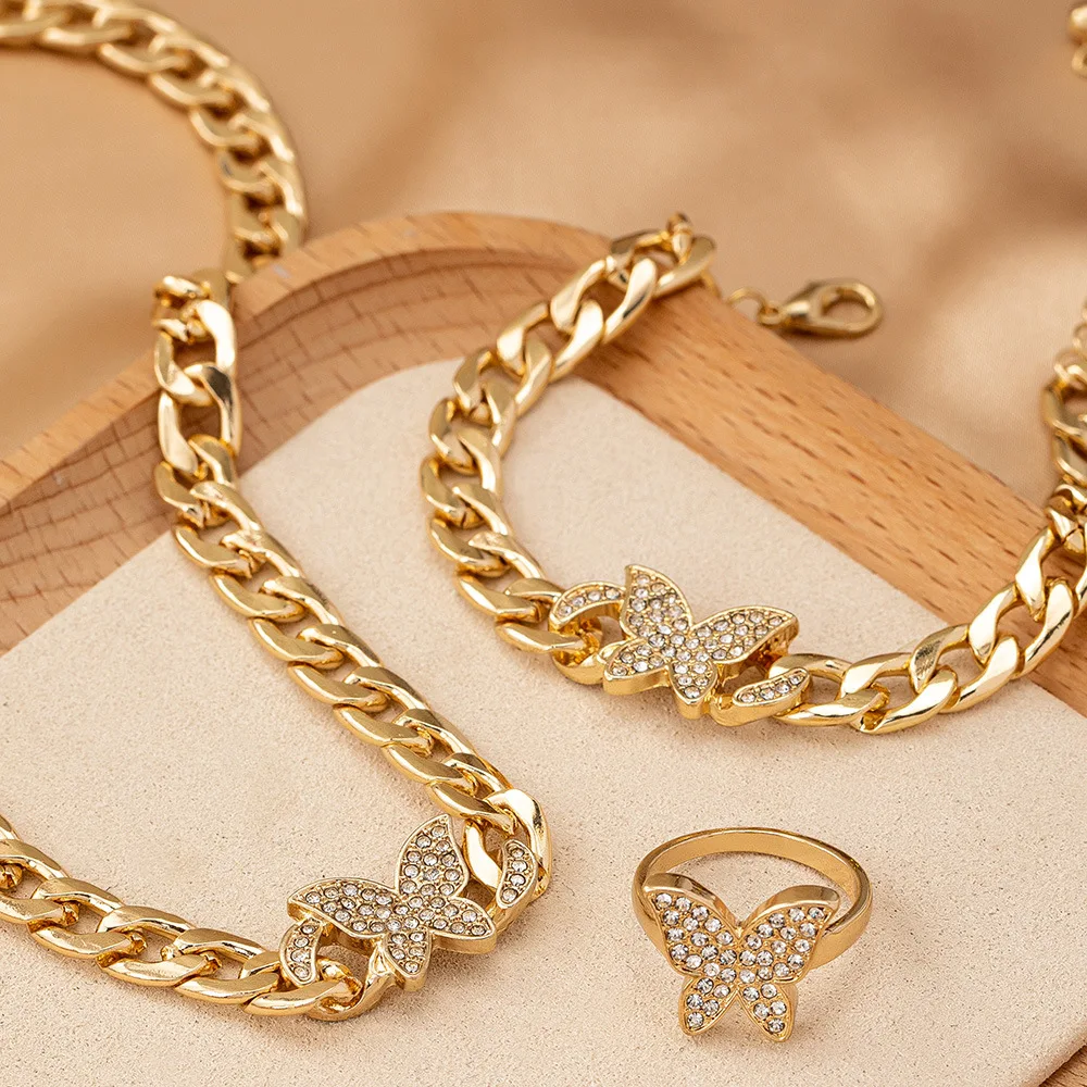 Thick Metal Link Chain Butterfly Necklace Bracelets Ring Set For Women ...
