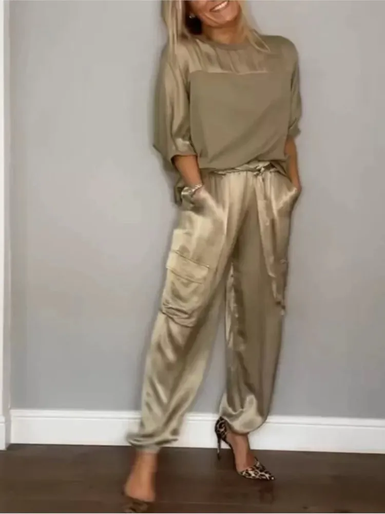 Fashion Solid Smooth Satin Two Piece Sets 2024 Spring Summer Women's O ...