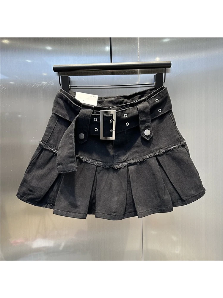 Women-Black-Gothic-Denim-A-line-Pleated-Skirt-Vintage-Y2k-Skirt ...