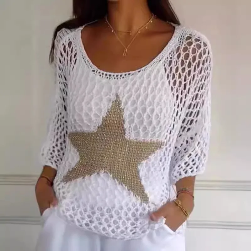 Fashion Women Star Pattern Mesh Sleeves Hollow Out Fishnet Knit Beach ...