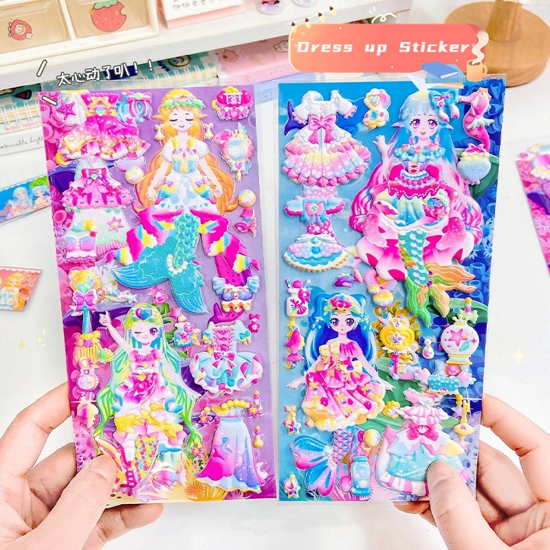 Girls Kawaii Dress Up Sticker Toy Kids 3D Puffy Cartoon Dress up Bubble ...