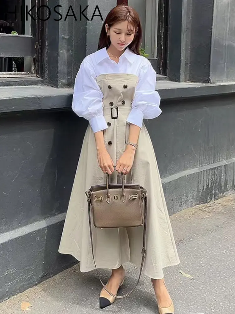 Chic Office Lady Belt Slim Waist Elegant Dresses Women Contrast Color ...