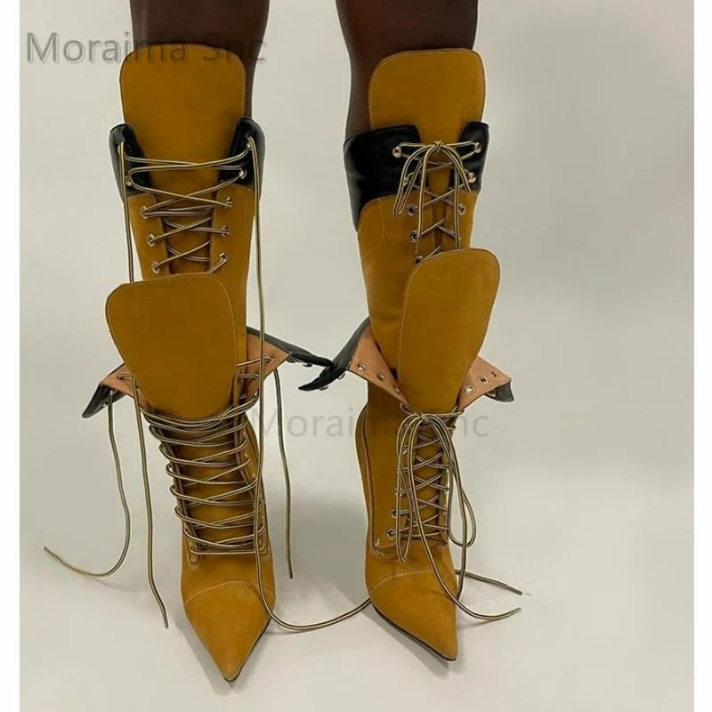 yellow-Patchwork-long-Boots-Women-Sexy-Pointy-Toe-Front-Lace-Up-High ...