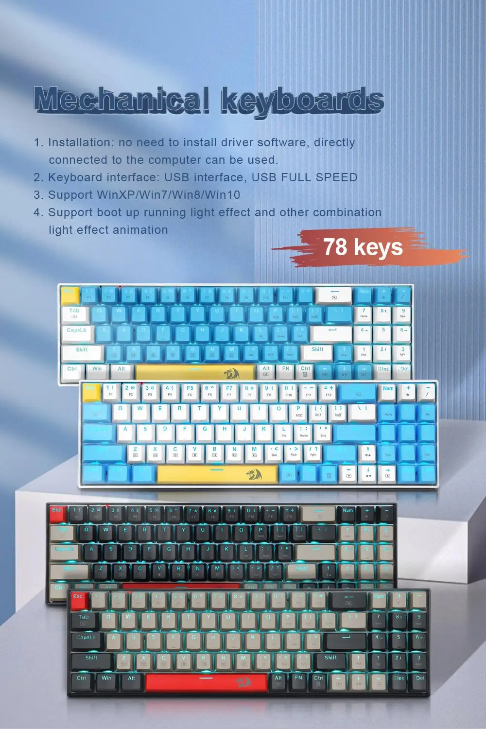 REDRAGON K688 USB Mini Mechanical Gaming Keyboard Blue Red Switch 78 ...