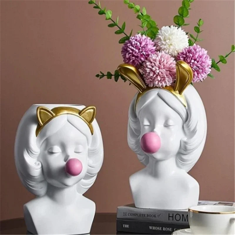 Modern-Nordic-Resin-Human-Face-Vase-Girl-Blowing-Bubbles-Suculento ...