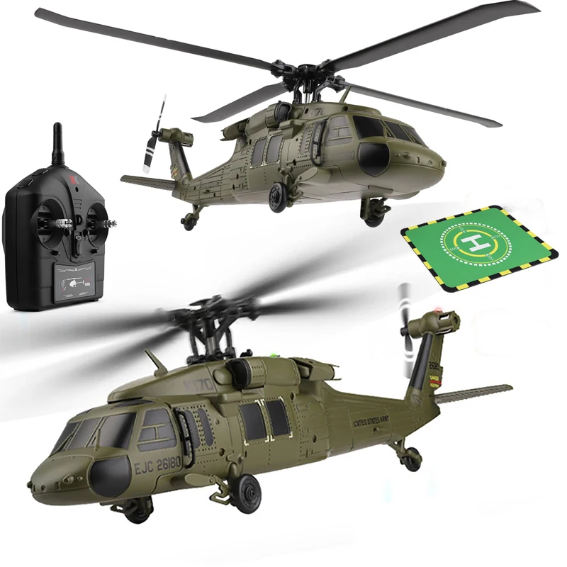 K170 RCヘリコプター UH-60L 4チャンネル ラジコン ブラシレスヘリコプター ジャイロとLEDライト付き 耐久性のある飛行機 ...
