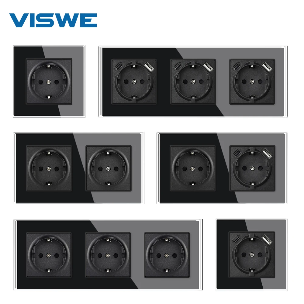 VISWE-EU-Standard-Usb-wall-socket-Black-Glass-Panel-16A-250V-Europe ...