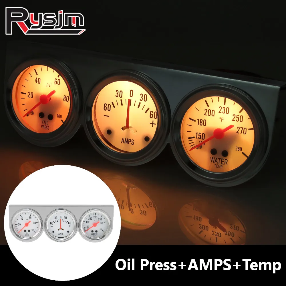2" 52mm Chrome Panel Oil Pressure + Water Temp + Amp Meter 3 IN 1 ...
