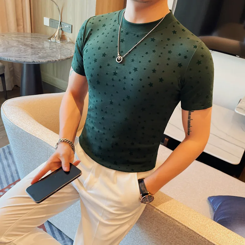Flocking-Star-T-Shirts-For-Men-Korean-Luxury-Clothing-Round-Collar ...