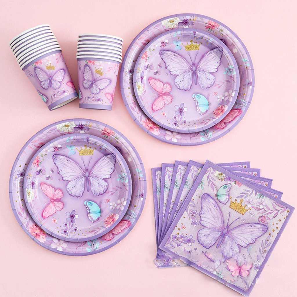 8pcs-Purple-Butterfly-Disposable-Tableware-Flowers-Golden-Crown-Paper ...