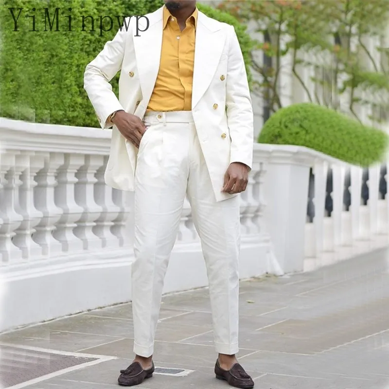 YiMinpwp Ivory Men Suits Peaked Lapel Double Breasted Blazer Jacket ...