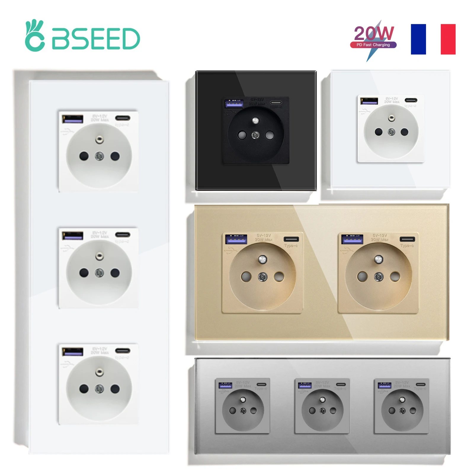 BSEED French Standard 20W Fast Charge Port Wall Power Socket Double ...