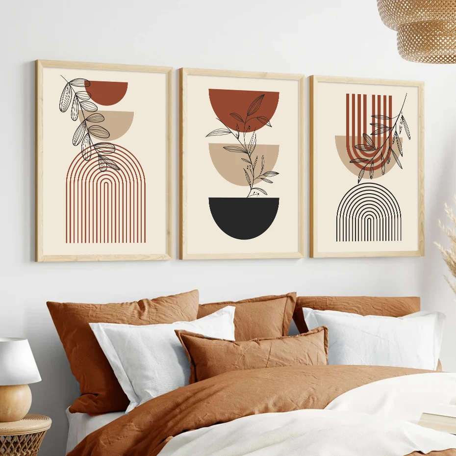 Boho 추상 기하학적 아치 라인 잎 포스터 캔버스 회화 월 아트 프린트 그림 현대 거실 인테리어 홈 데코