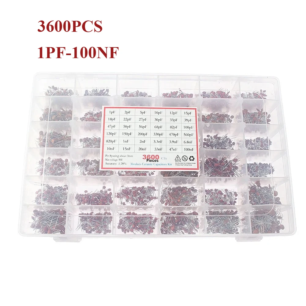 3600PCS/Box Ceramic Capacitor Combination Kit 50V 1PF-100NF 36 Values ...