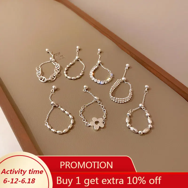 MEETSOFT 925 Sterling Silver Flower Multi Layer Long Tassel Chain Adjustable Ring for Women ...