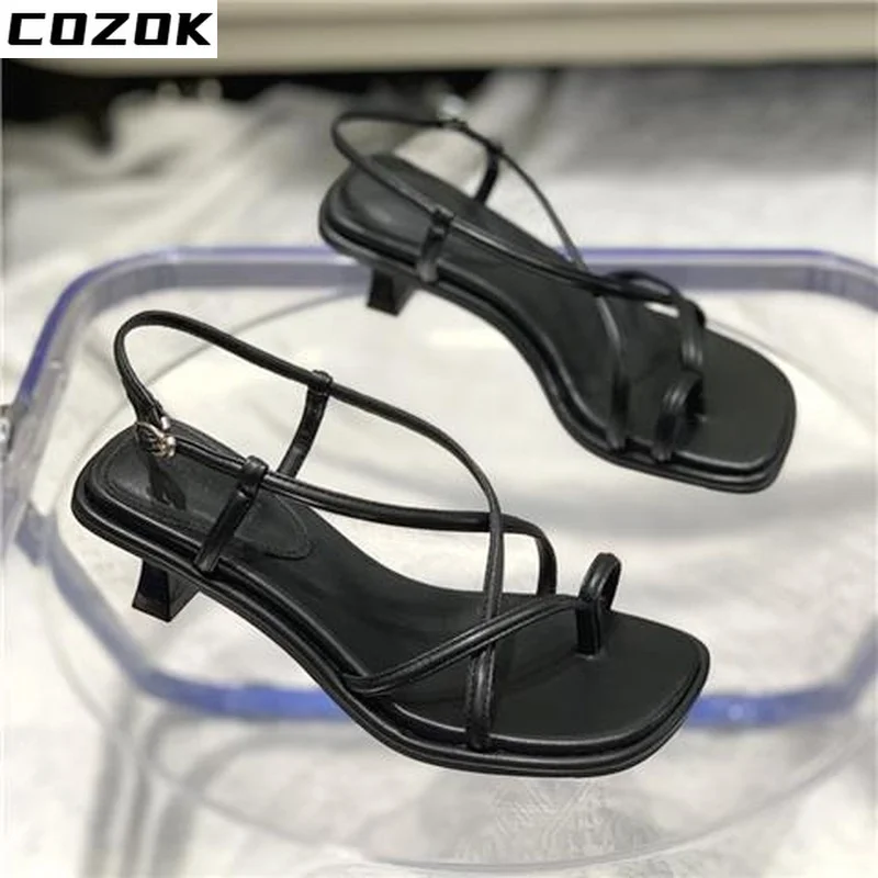 Sandals women's 2022 summer thong toe buckle belt stiletto middle heel ...