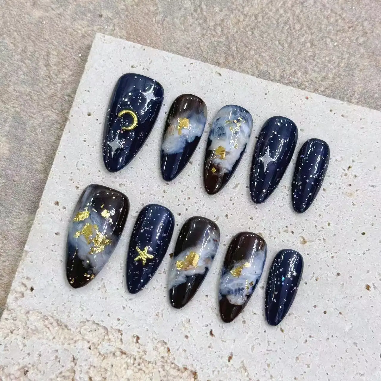 Marble-Blue-False-Nails-with-Star-Moon-Handmade-Press-on-Nails-Medium ...