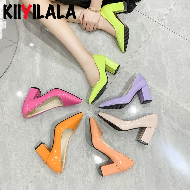 Colorful Pumps Women's Shoes 7cm High Heel Pointed Toe Fashion Chunky ...