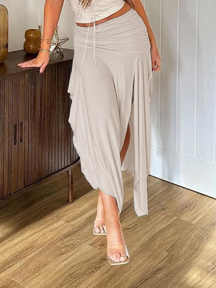 Weekeep Drawstring Split Loose Long Skirt Casual Folds Low Rise Midi ...