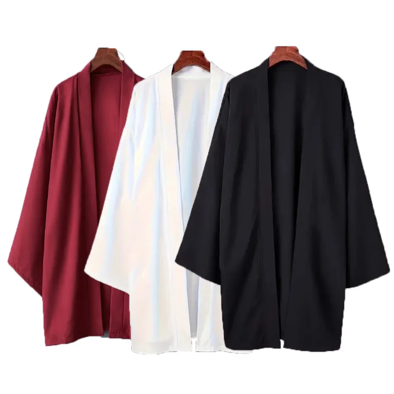 Men's Solid Color Long Sleeve Cardigan Long Kimono Shirt Asian ...