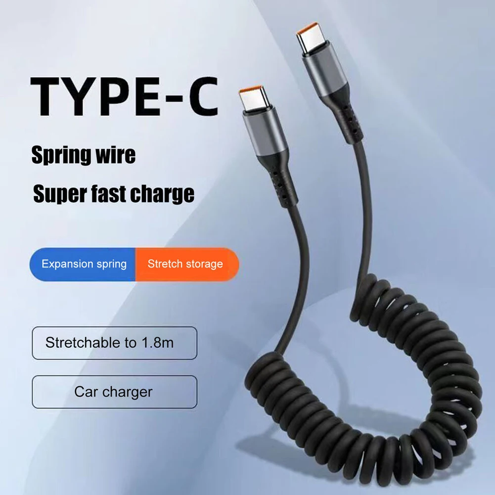 100W/66W Spring Short Data Cable 6A USB Type C Spring Telescopic Quick ...