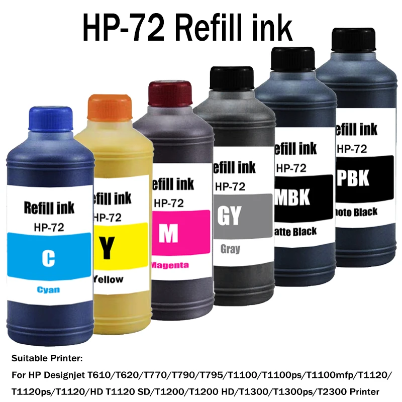 500ML Dye Ink For HP 72 727 728 Refill For T610 T620 T770 T790 T795 ...