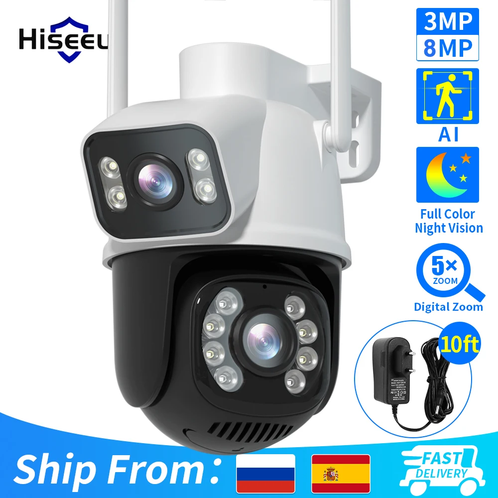 Hiseeu 4K 8MP PTZ Wifi IP Camera Dual Lens 5X Zoom AI Human Detect ...