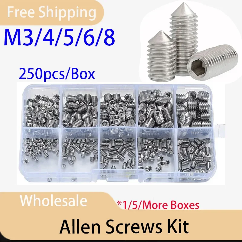 250pcs-Box-304-Allen-Screws-Hex-Hexagon-Socket-Set-Screw-Cone-Point ...