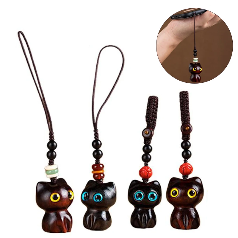 1PCS Sandalwood Wooden Cat Keychain Cute Rabbit Mobile Phone Chain ...