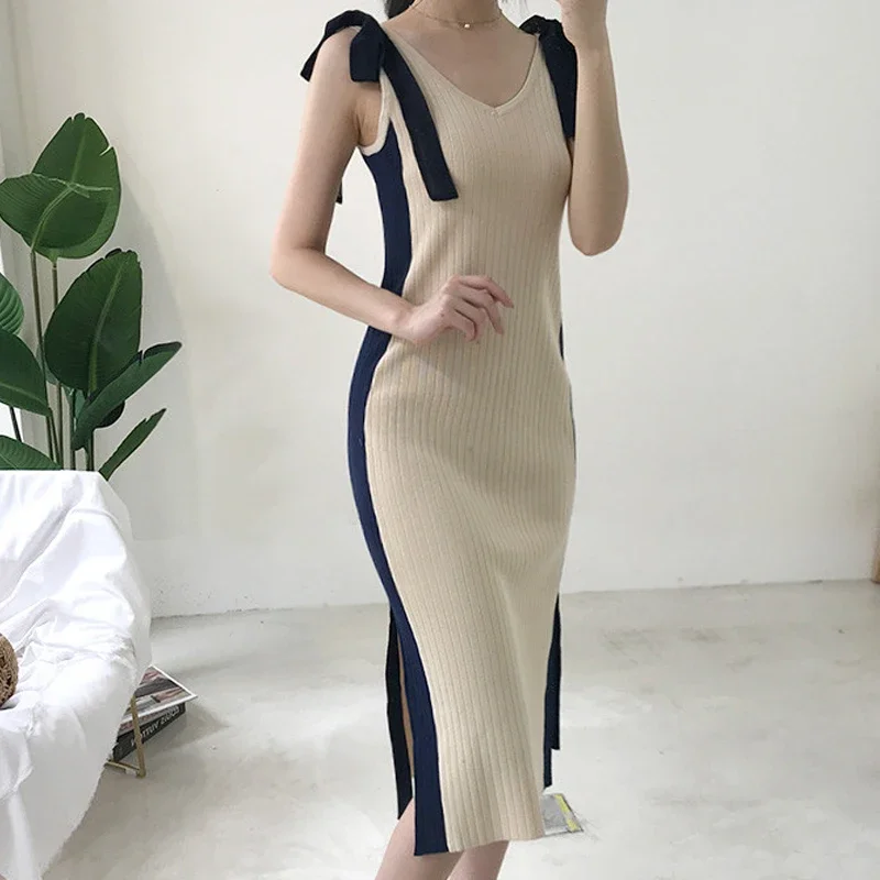 Free-Shipping-Bowknot-Shoulder-Strap-Split-Knit-Dress-Sleeveless-Sexy ...