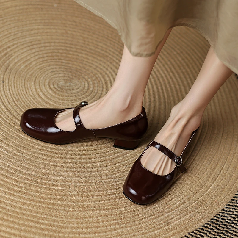 Zapatos de cuero lacado de cabeza redonda para mujer, calzado de cuero de vaca con hebilla fina ...