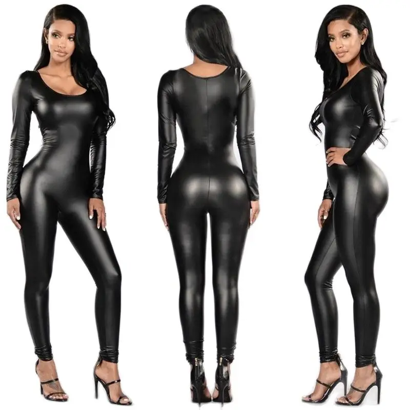 Frau Pu Leder Overall Langarm Catsuit Strumpfhosen Cosplay Body