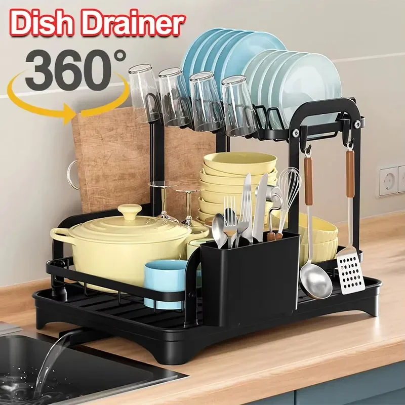 New2025 360° rotating storage rack double-layer kitchen tableware ...