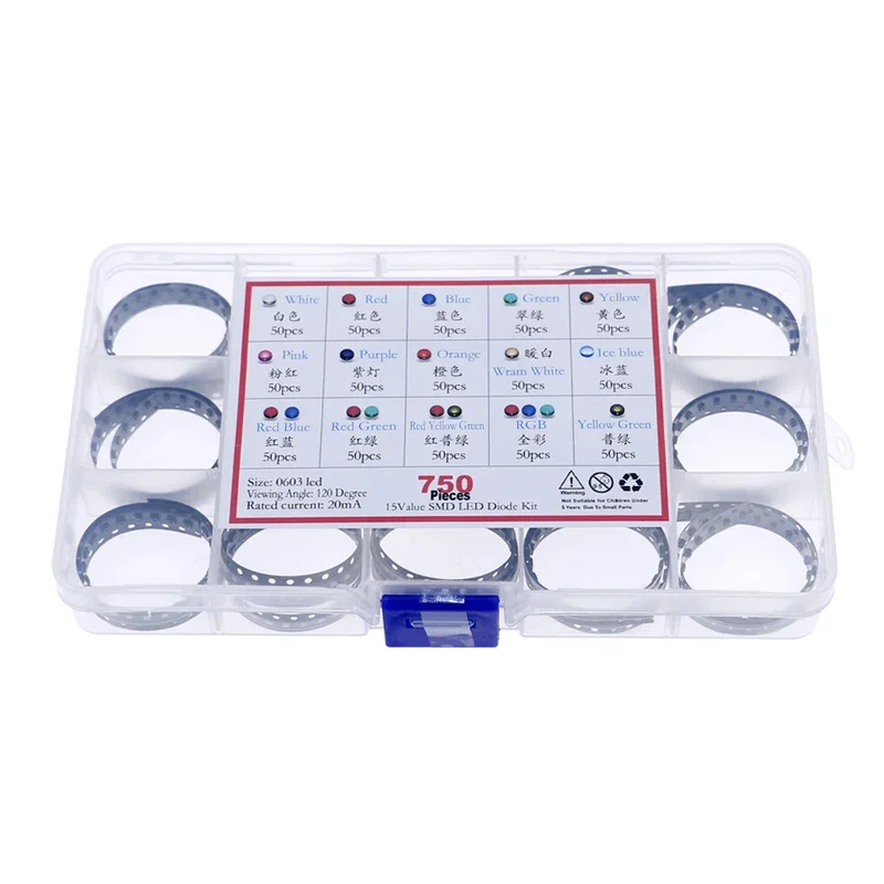 750PCs 15Value x 50pcs 0603 SMD LED Diode Assorted kit set White Red ...