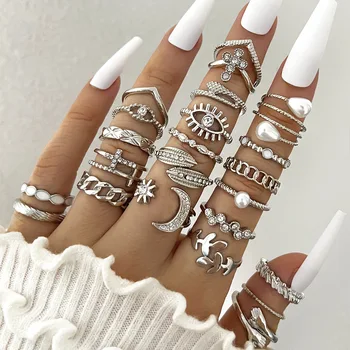 Silver Color Geometric Knuckle Rings Set For Women Eye Cross Sun And ...