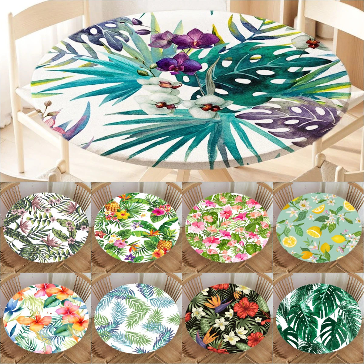 Tropical-Plants-Round-Tablecloth-Fitted-Elastic-Edged-Floral-Waterproof ...