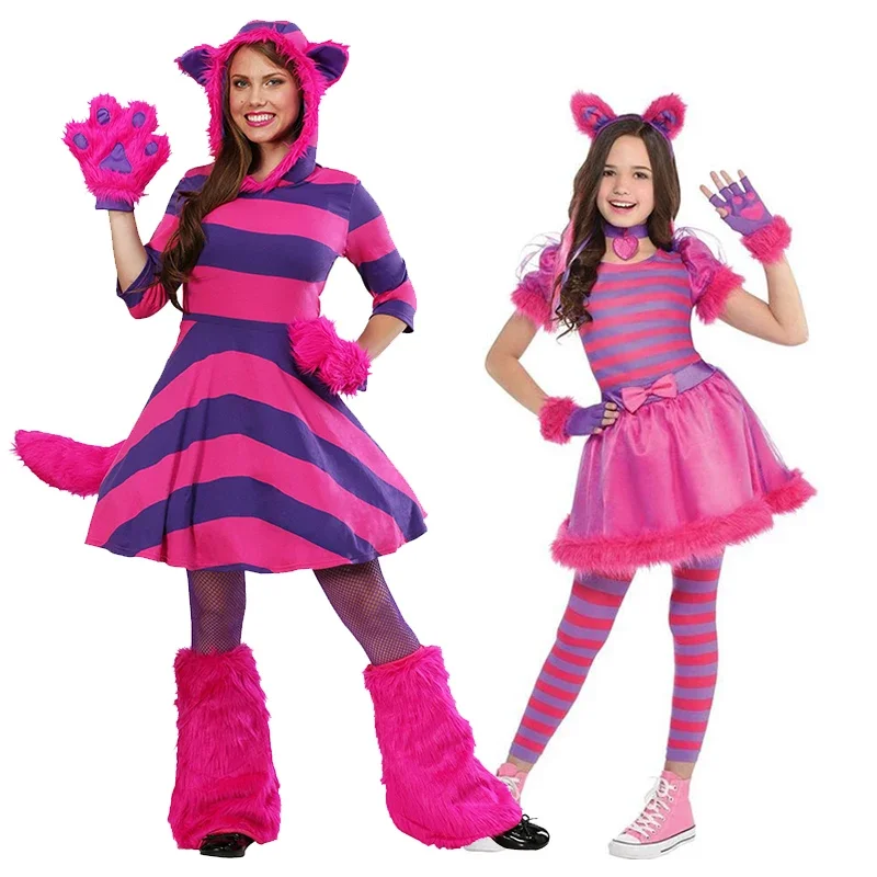 Girls Alice Cat In Wonderland Fancy Dress Up Women Cheshire Cat Costume ...