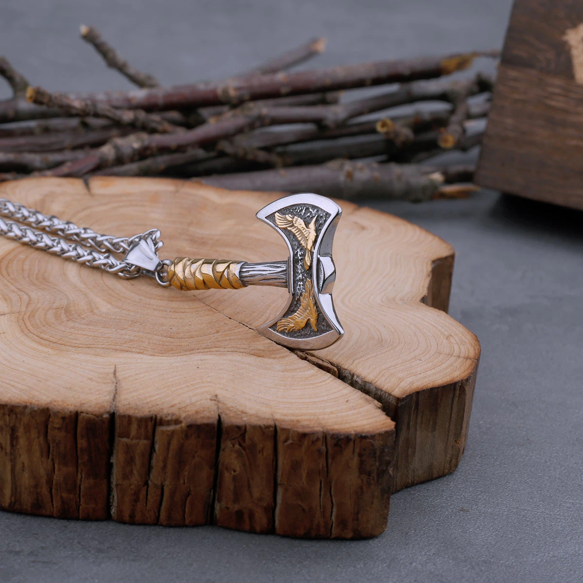 Viking Warrior Mixed Gold Odin Axe and Raven Necklace Men Fashion Charm ...