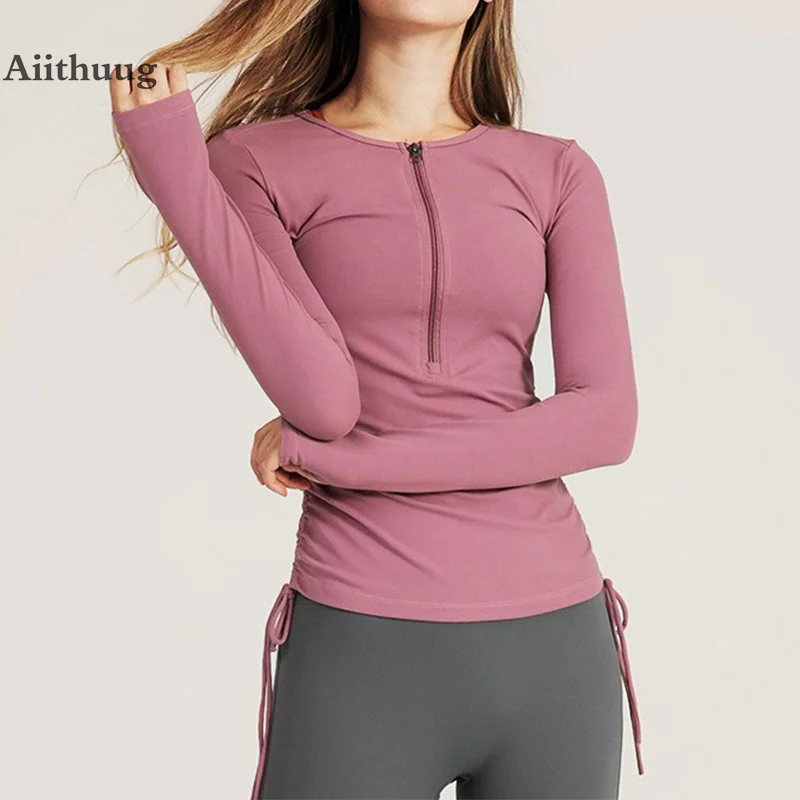 Aiithuug-Quarter-Zip-Thumb-Hole-Long-Sleeve-Two-Side-Drawstring-Waist ...