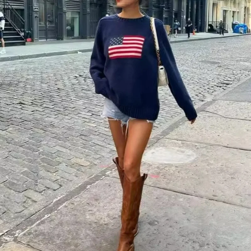 Retro British Style Knitted Flag Sweater High Street Casual Women's ...