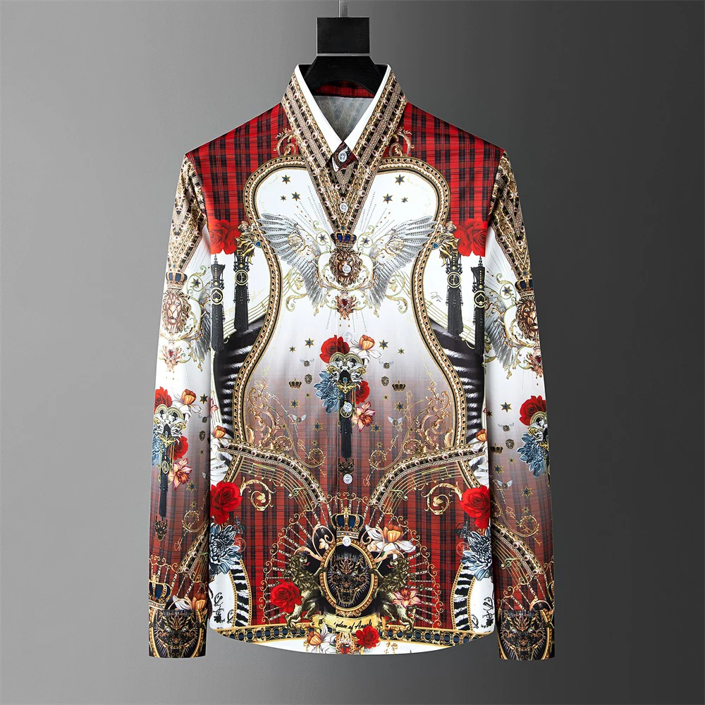 Fashion-Men-s-Luxury-Retro-Print-Shirt-Crown-Diamond-Casual-Social ...
