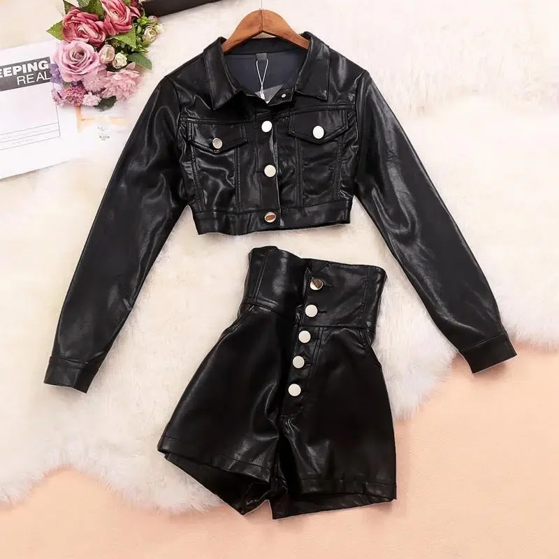 Women PU Leather Short Suit Single breasted Jacket Crop Top And High ...