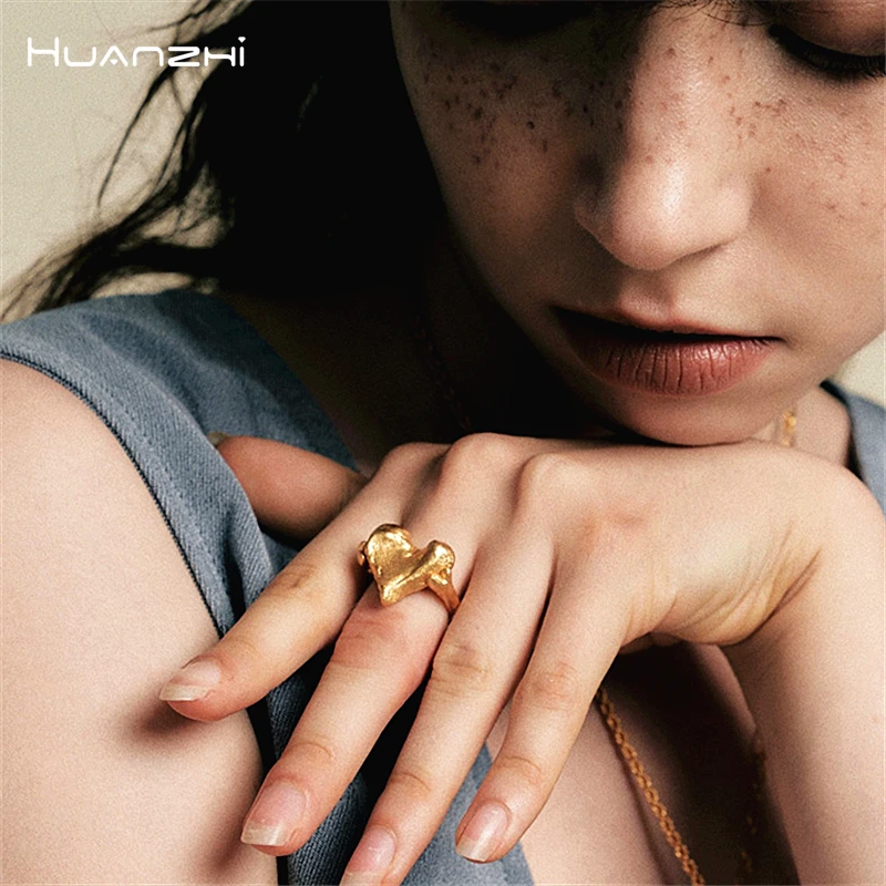 HUANZHI-Metal-Heart-Open-Ring-Irregular-Wrinkle-Chunky-Geometric-Vintage-Jewelry-for-Women-Girls ...