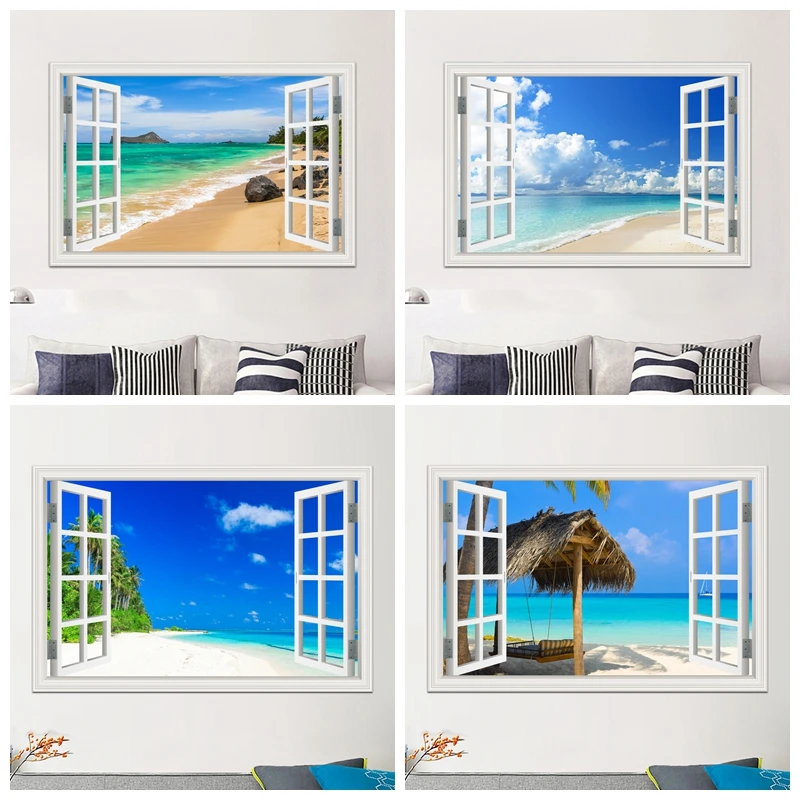 Beach-Landscape-3D-Window-View-Wall-Sticker-Removable-Sticker-Nature ...