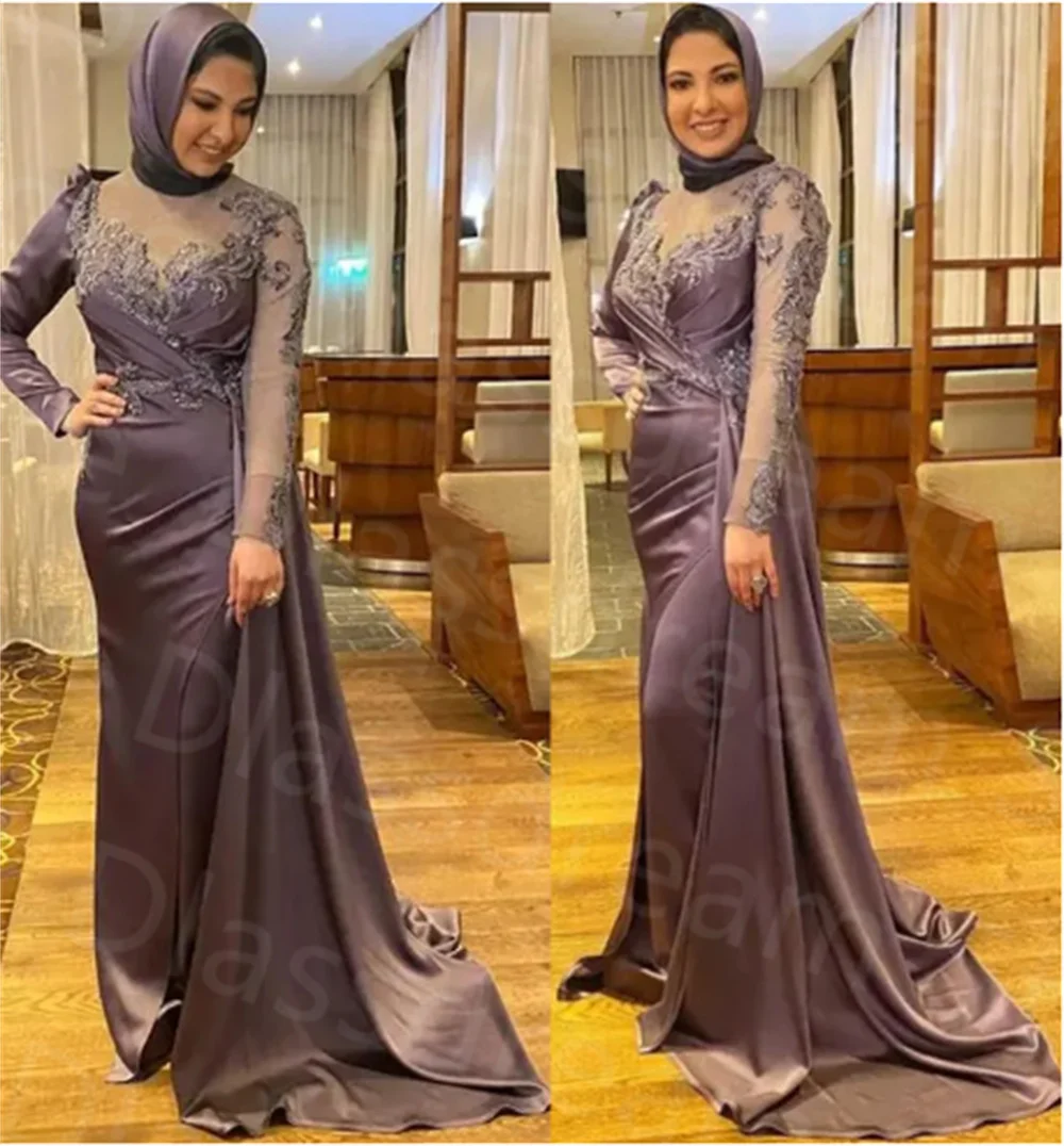 Gorgeous-Arabic-Muslim-Lace-Beaded-Prom-Dresses-Sheer-Neck-Satin ...