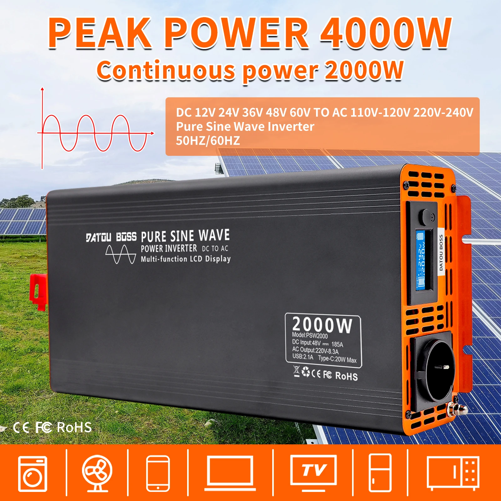 DATOUBOSS Reiner Sinus Wechselrichter 4000W DC 12V 24V 36V 48V 60V zu AC 220V 230V 50HZ 60HZ ...